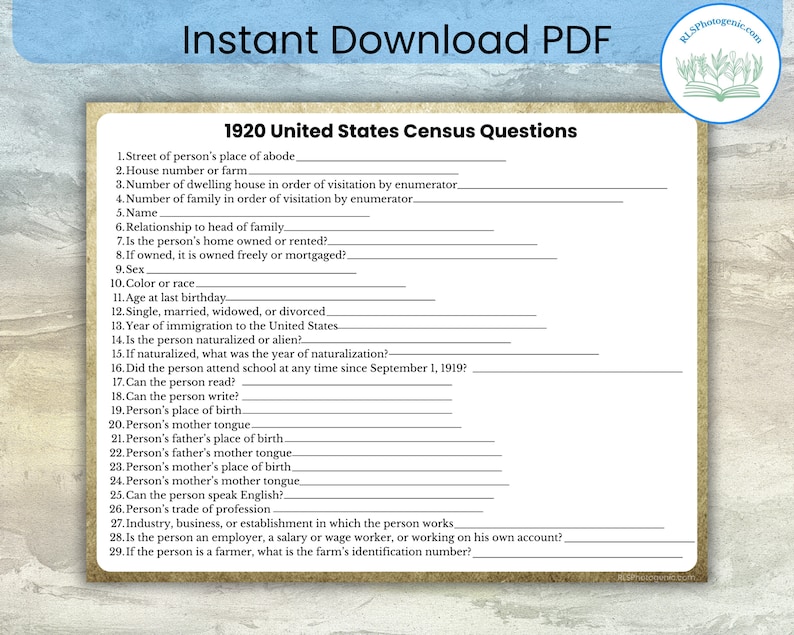 United State Census Questions Printable Fillable Sheets | Years 1900 ...