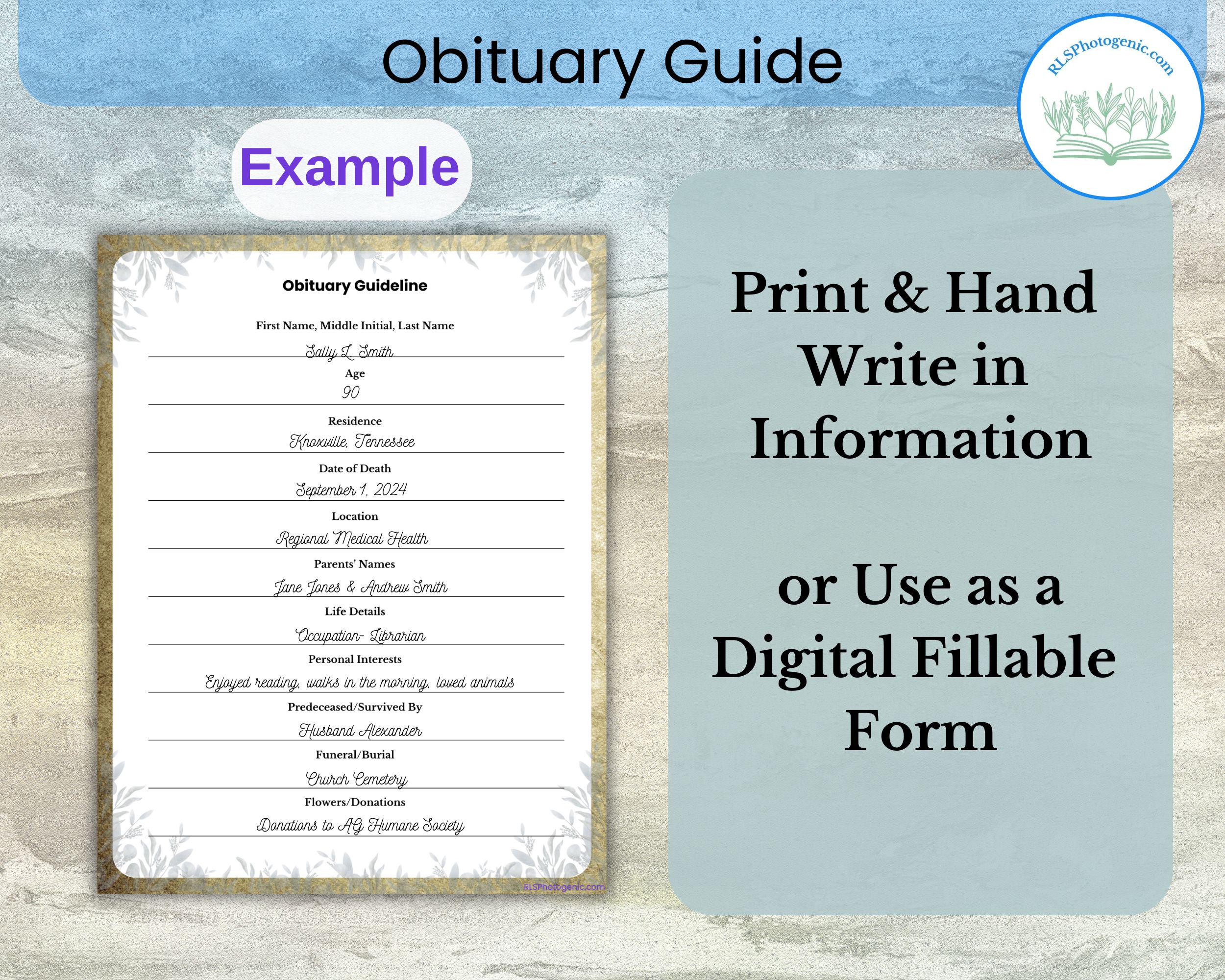 Printable Obituary Template | How to Write Obit Guide | Death Notice ...