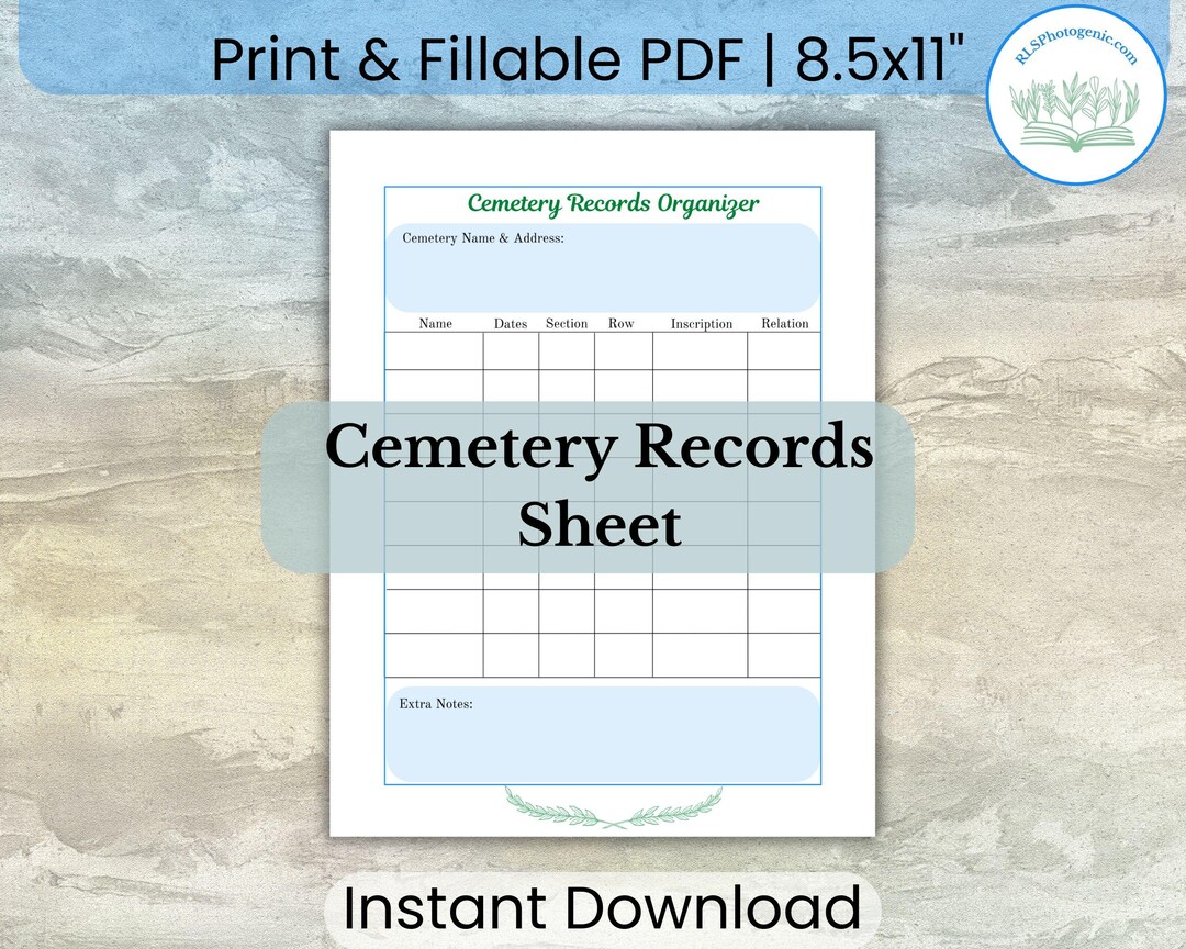 Cemetery Records Organizer Sheet | Printable Fillable | Family Tree ...