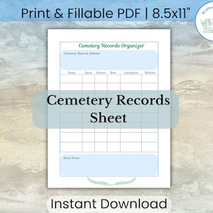Cemetery Records Organizer Sheet | Printable Fillable | Family Tree ...