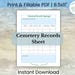 Cemetery Records Organizer Sheet | Printable Fillable | Family Tree ...