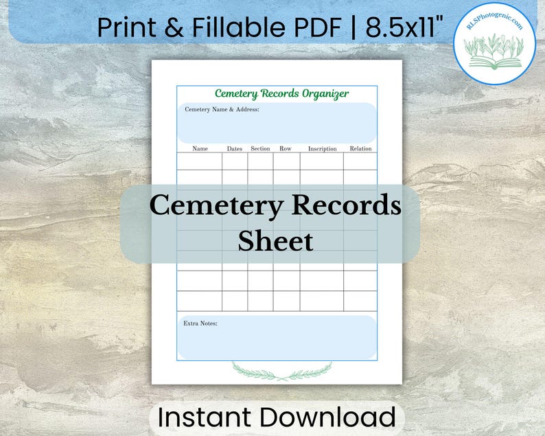 Cemetery Records Organizer Sheet | Printable Fillable | Family Tree ...