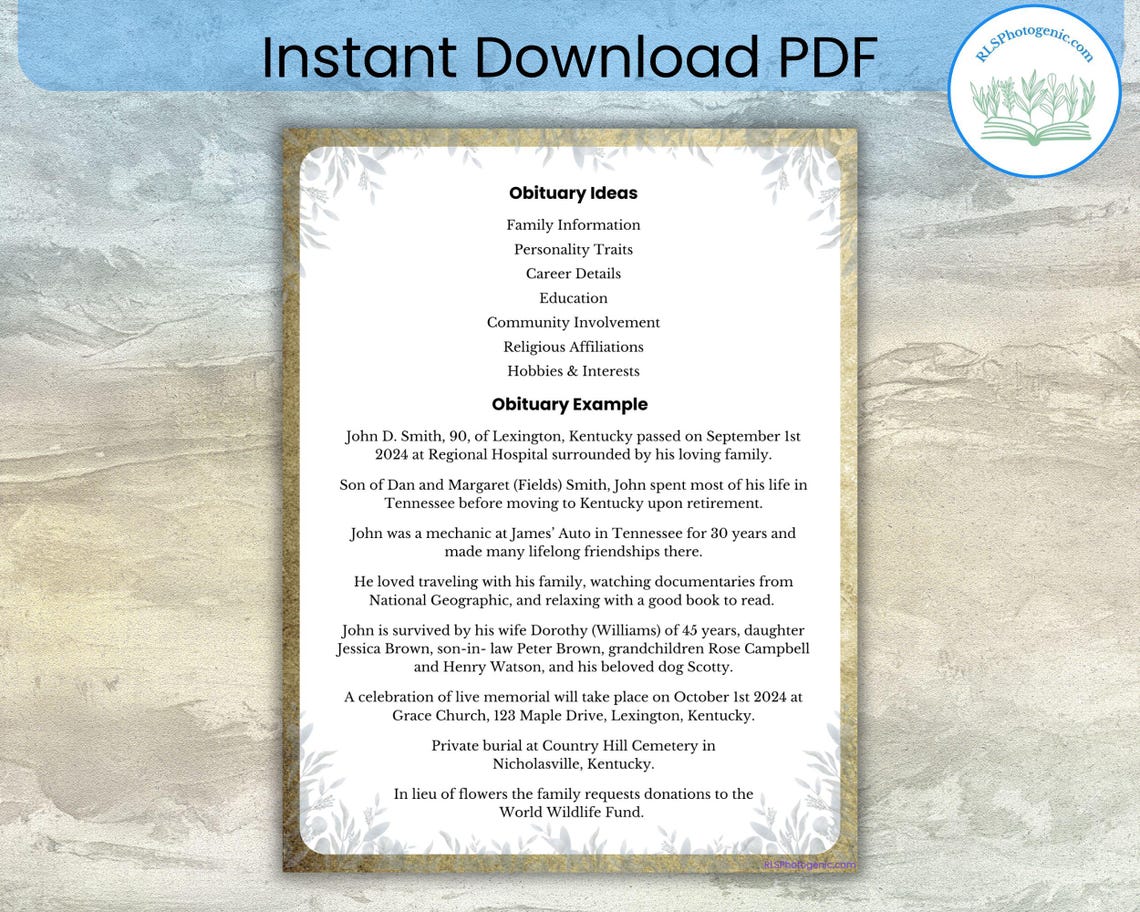 Printable Obituary Template | How to Write Obit Guide | Death Notice ...