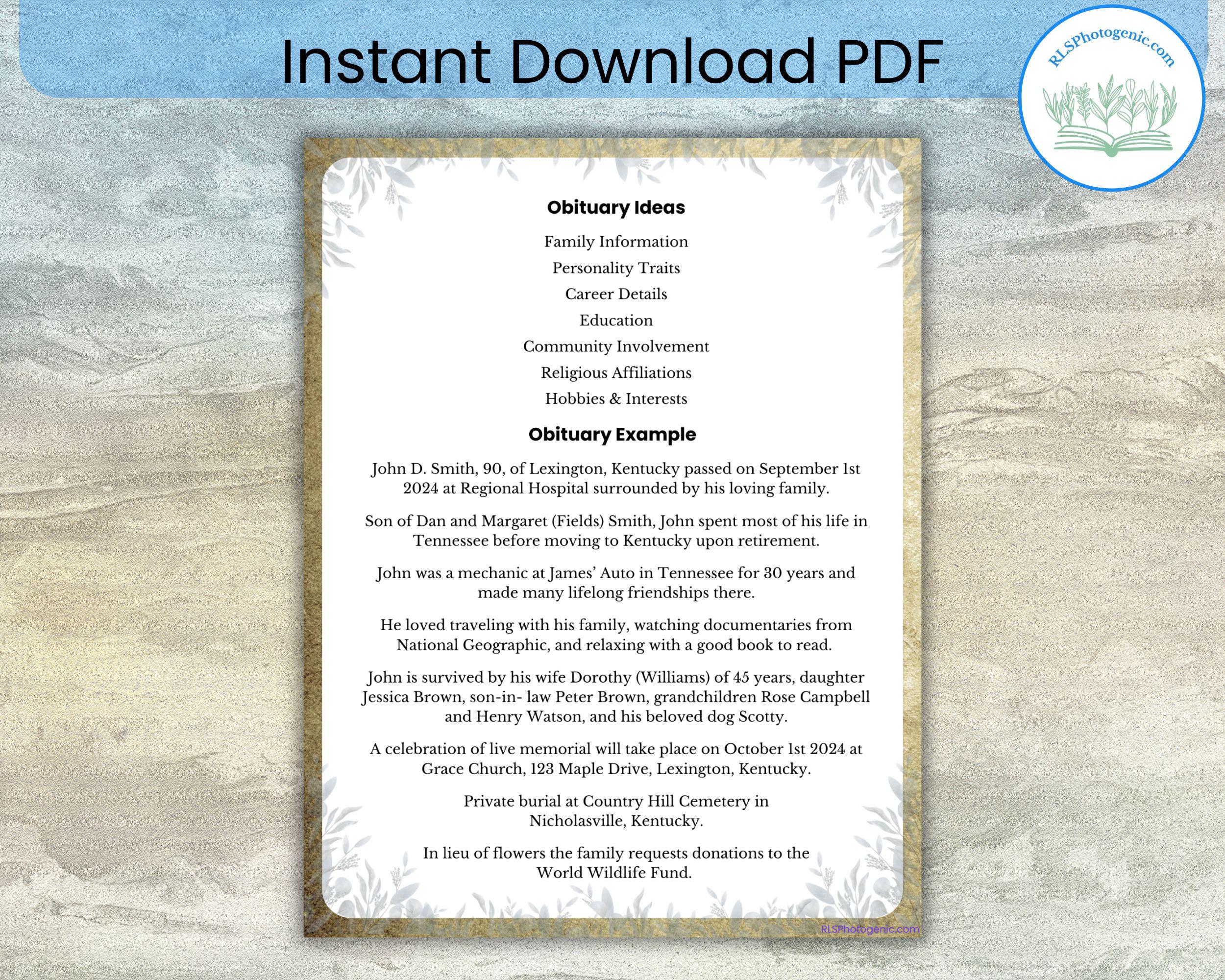 Printable Obituary Template | How to Write Obit Guide | Death Notice ...