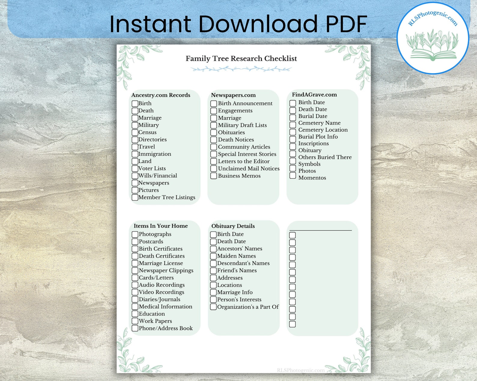 Family Tree Research Checklist | Genealogy Printable Worksheet ...