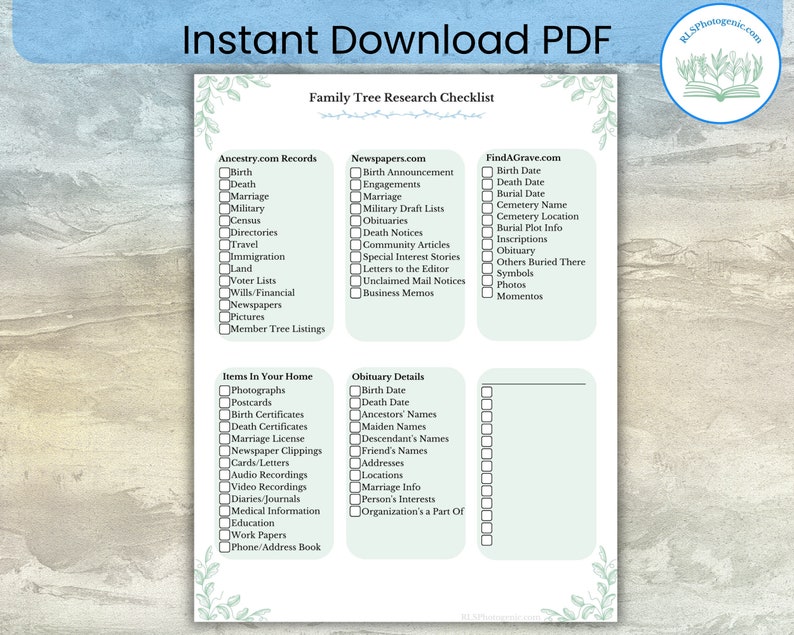 Family Tree Research Checklist | Genealogy Printable Worksheet ...