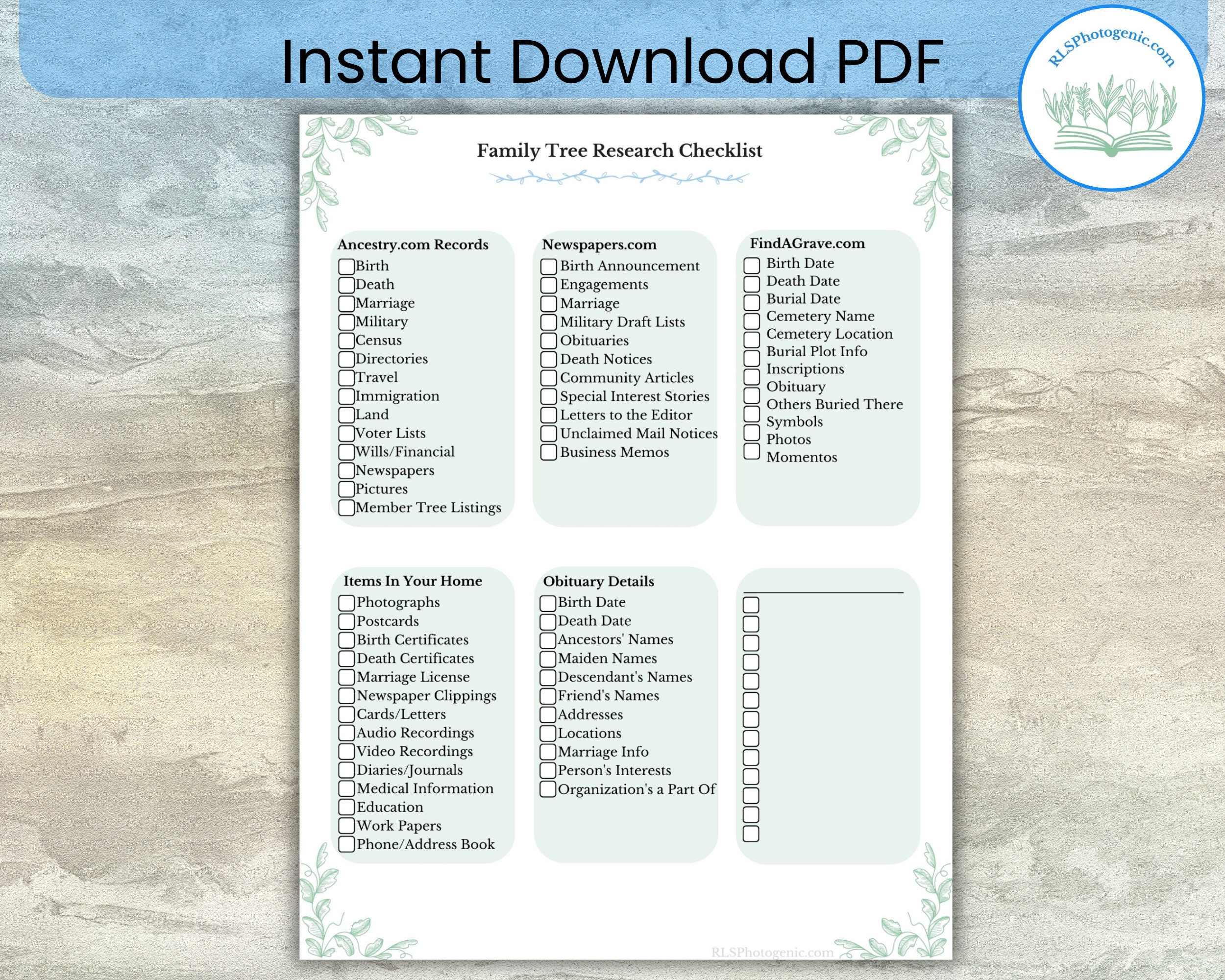 Family Tree Research Checklist Genealogy Printable Worksheet Ancestor ...
