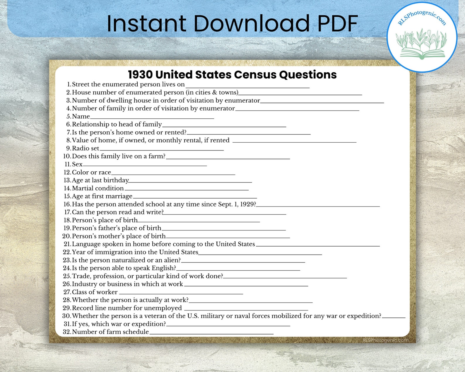 United State Census Questions Printable Fillable Sheets | Years 1900 ...