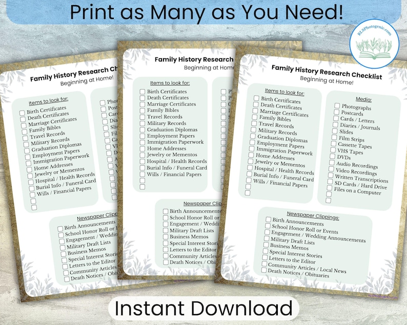 Family Tree Research, Begin at Home Checklist | Printable Genealogy ...
