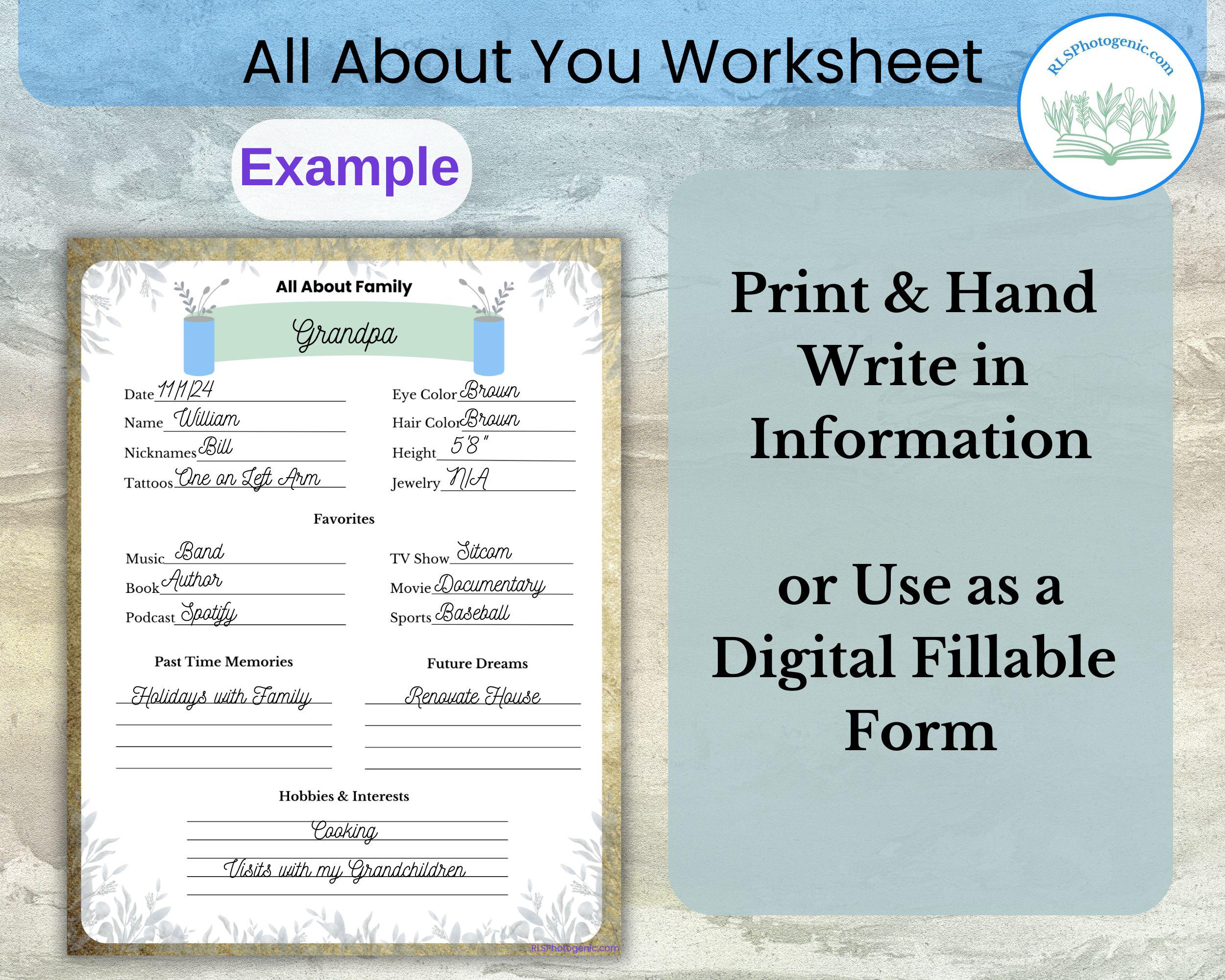 All About Me Printable Worksheet | Conversation Starters Family History ...