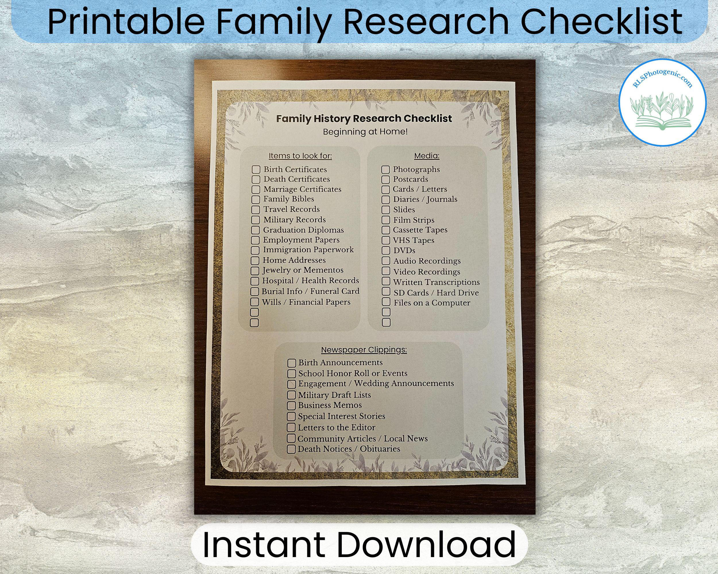 Family Tree Research, Begin at Home Checklist | Printable Genealogy ...