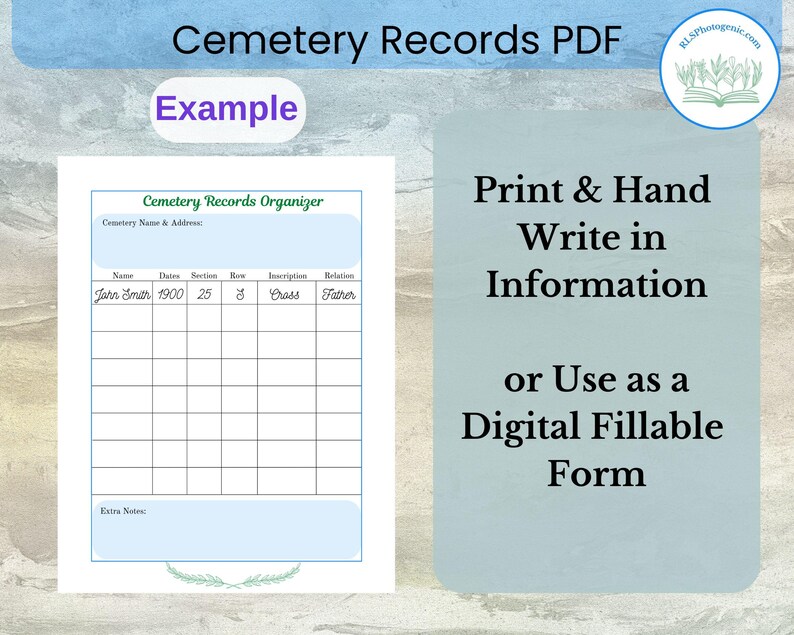 Cemetery Records Organizer Sheet | Printable Fillable | Family Tree ...