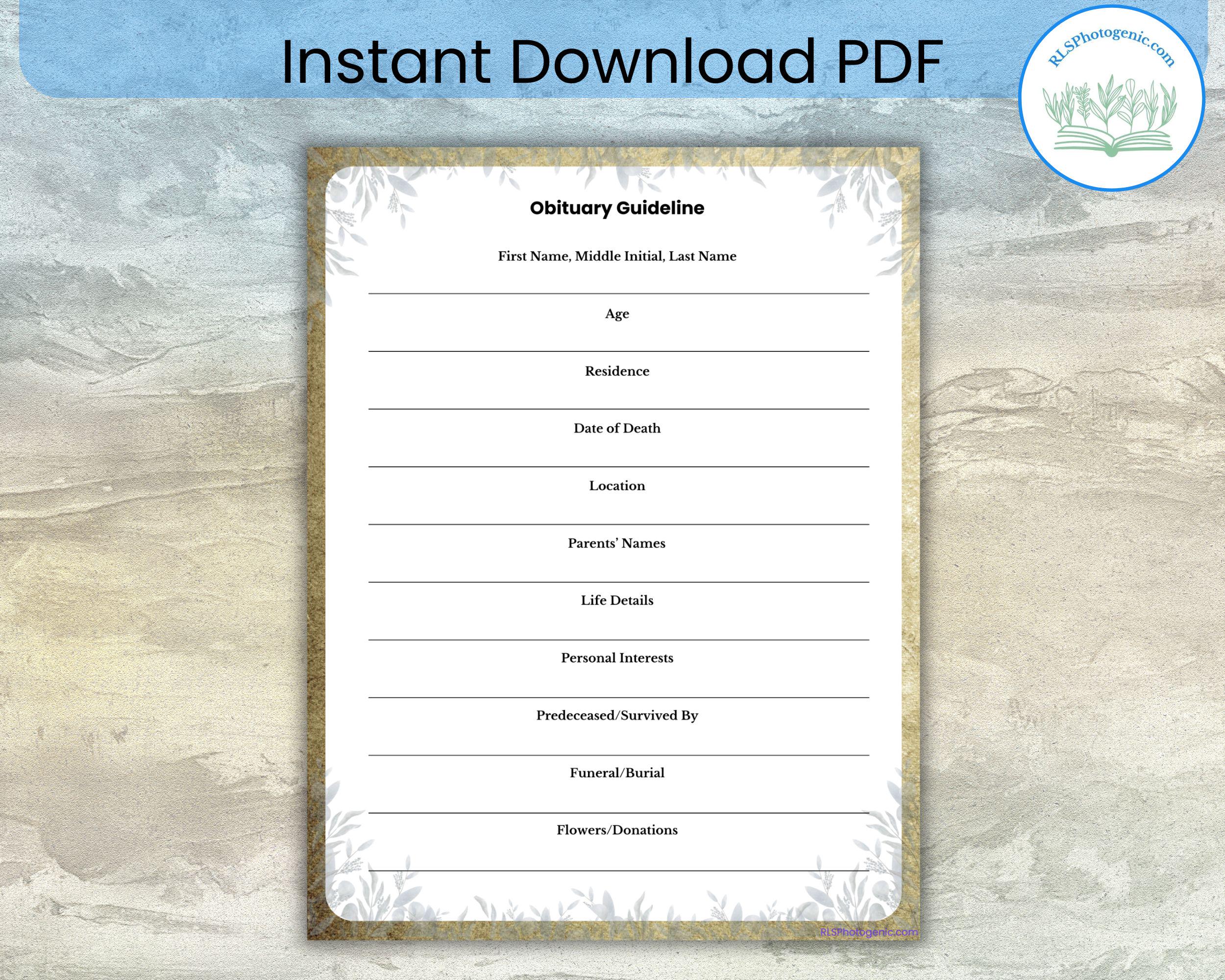 Printable Obituary Template | How to Write Obit Guide | Death Notice ...
