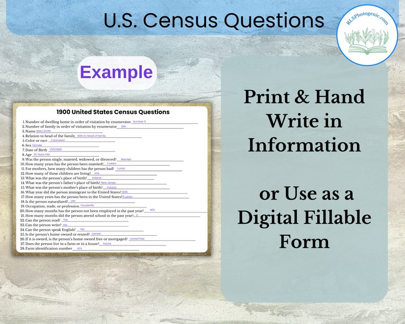 United State Census Questions Printable Fillable Sheets | Years 1900 ...