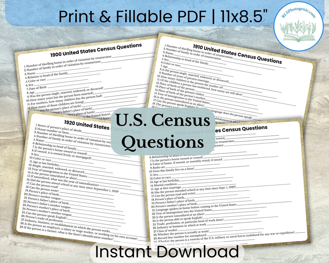 United State Census Questions Printable Fillable Sheets | Years 1900 ...