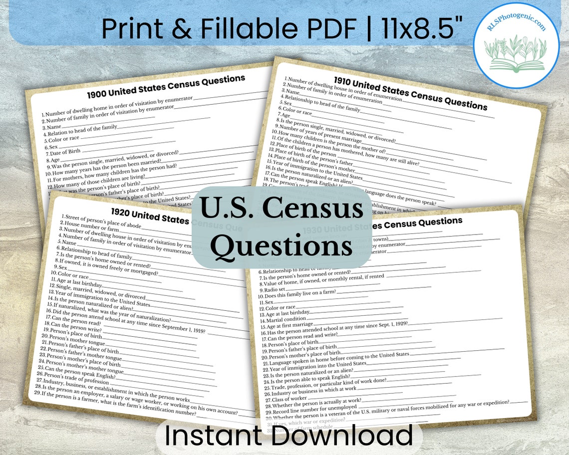 United State Census Questions Printable Fillable Sheets | Years 1900 ...