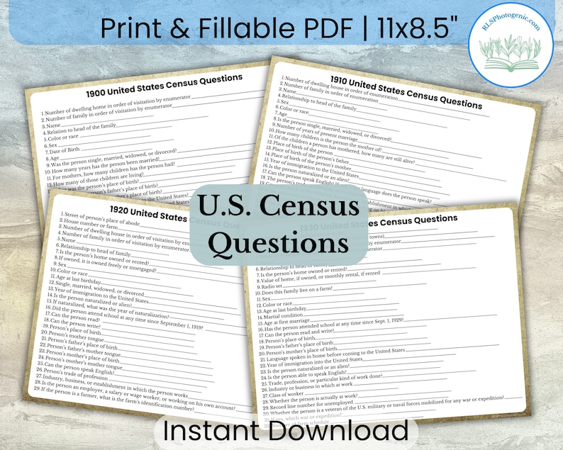 United State Census Questions Printable Fillable Sheets | Years 1900 ...