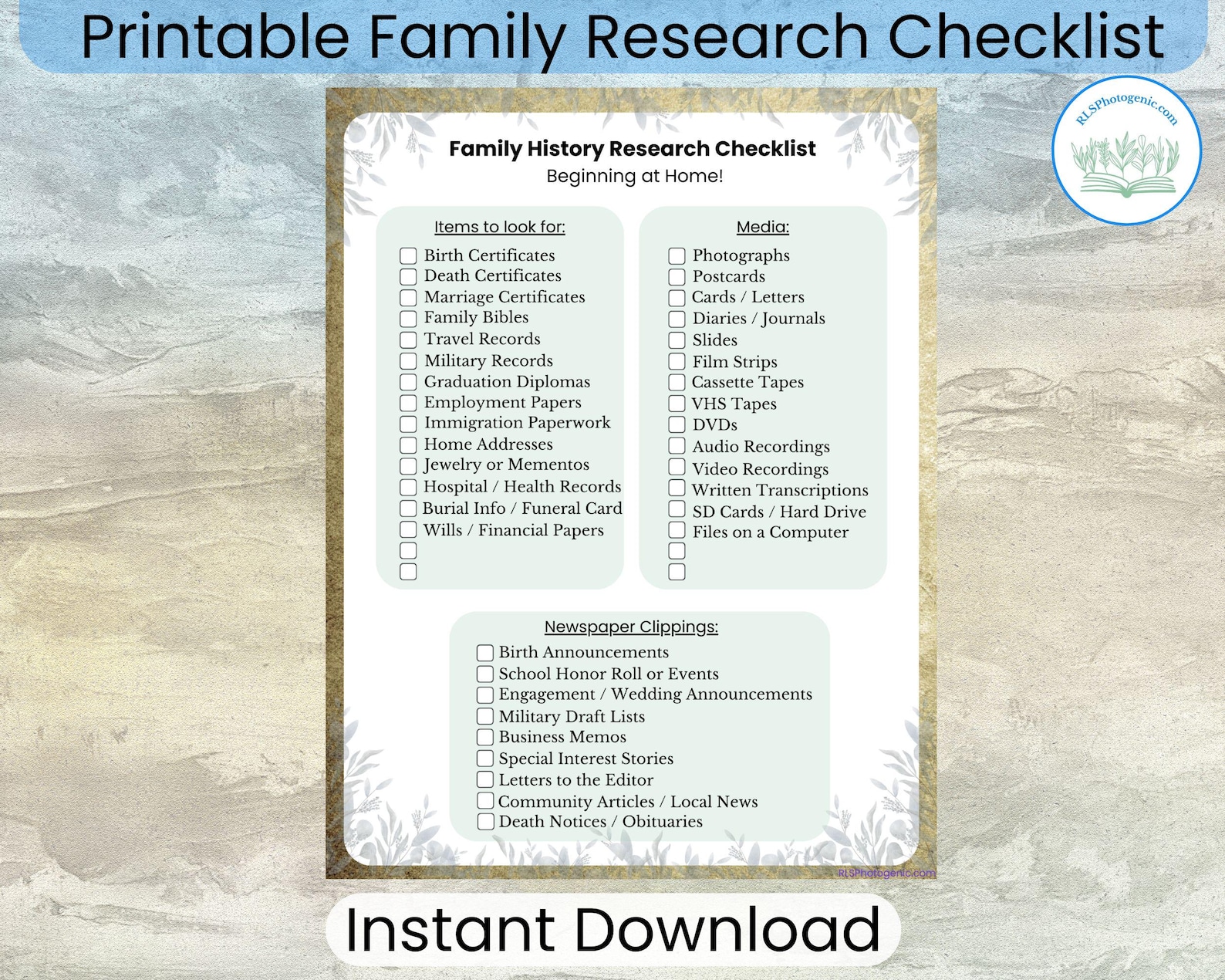 Family Tree Research, Begin at Home Checklist | Printable Genealogy ...