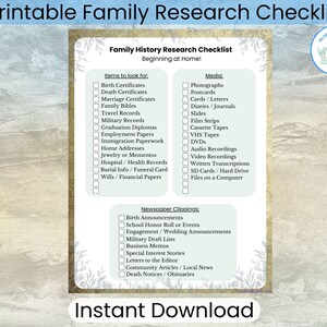 Family Tree Research, Begin at Home Checklist | Printable Genealogy ...