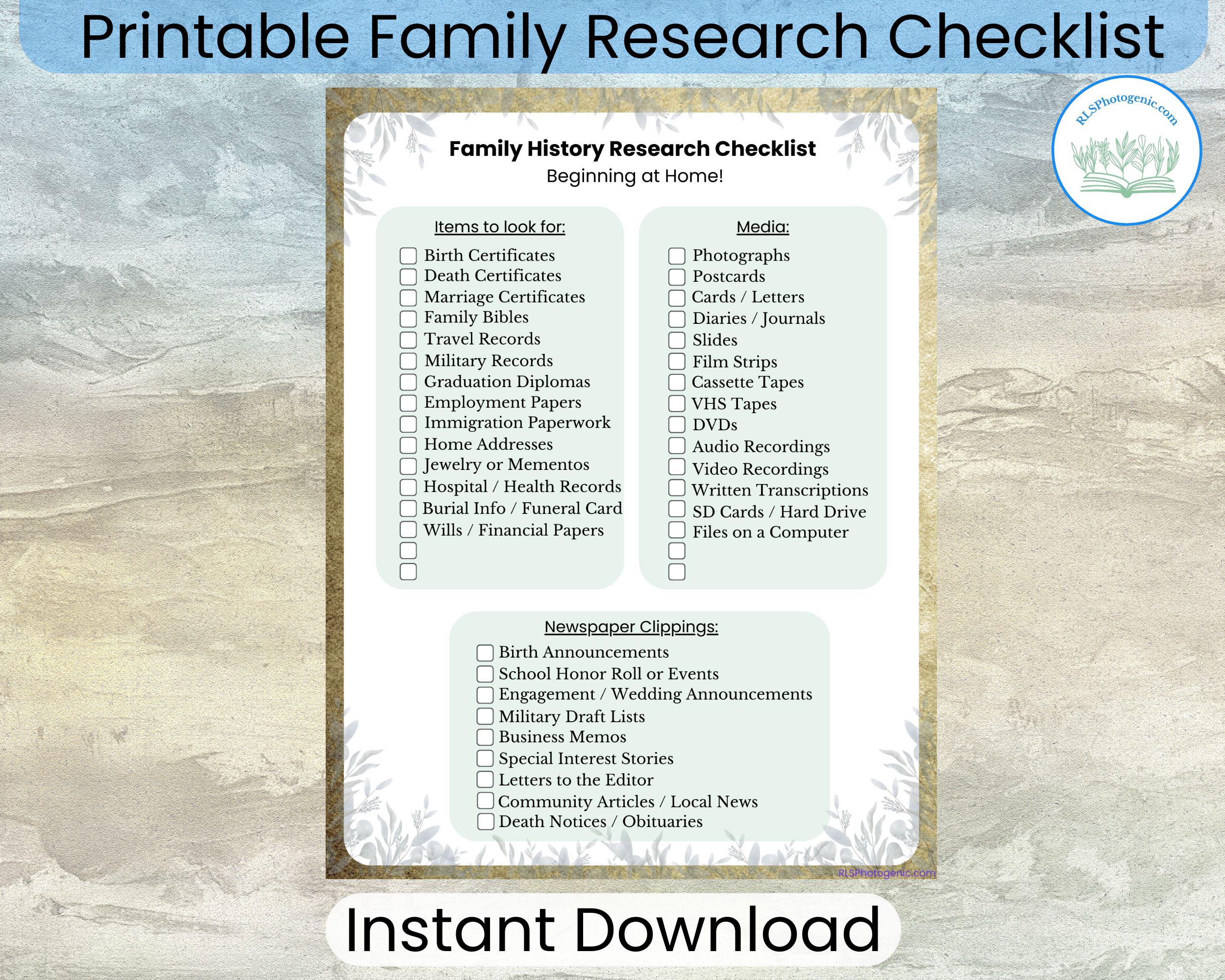 Family Tree Research, Begin at Home Checklist | Printable Genealogy ...