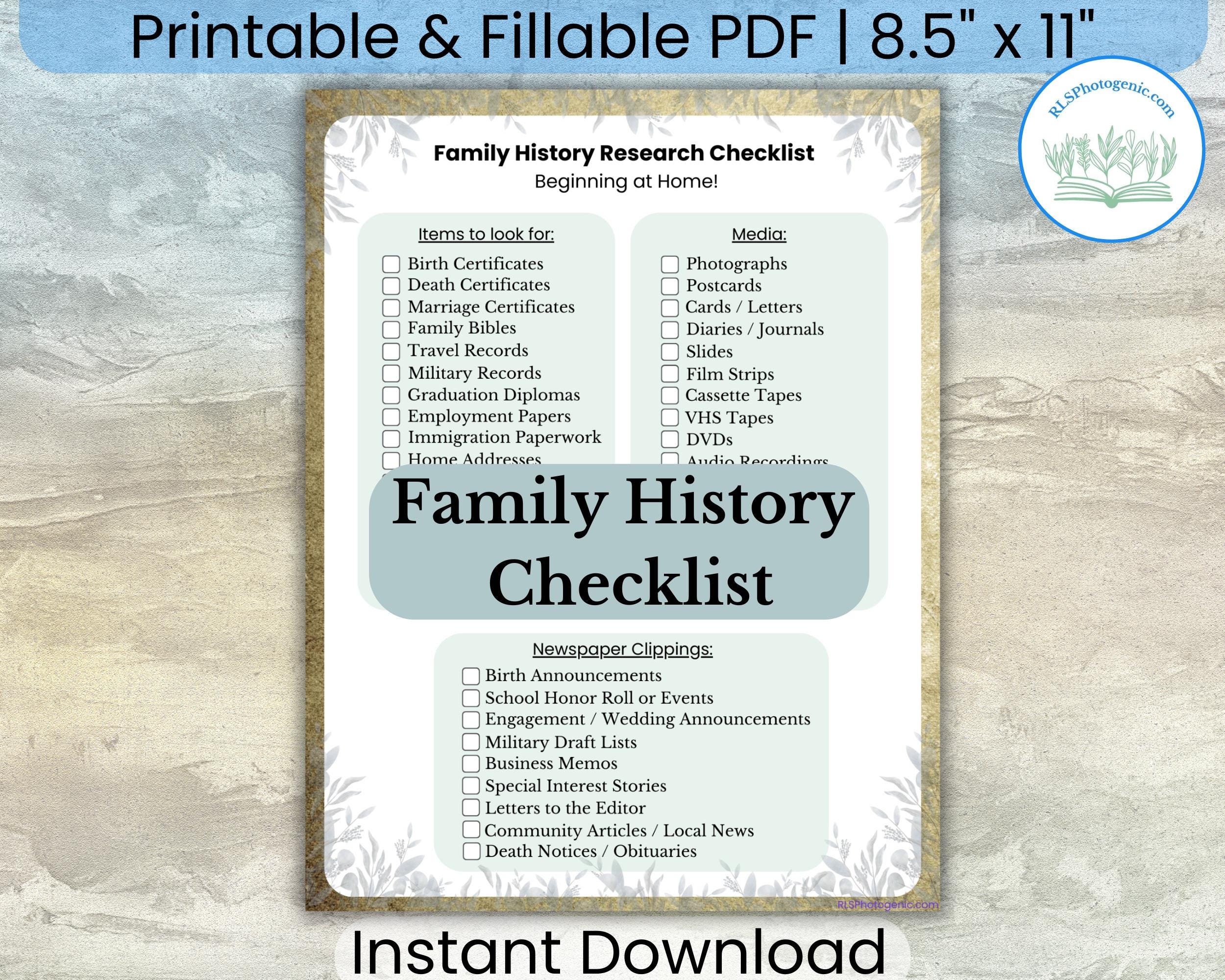 Family Tree Research, Begin at Home Checklist | Printable Genealogy ...
