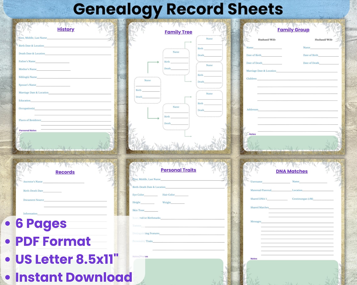 Genealogy Record Sheets Family Tree Research Ancestry Printable ...