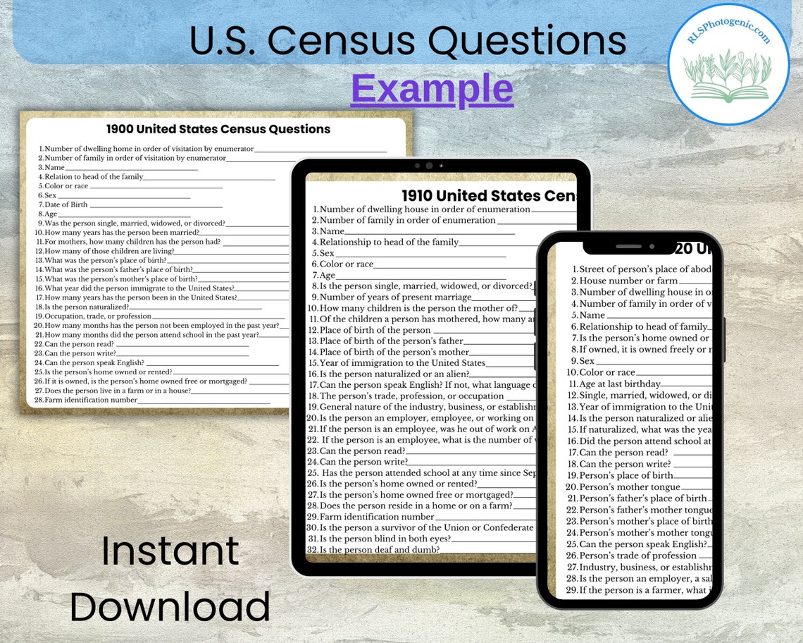 United State Census Questions Printable Fillable Sheets | Years 1900 ...