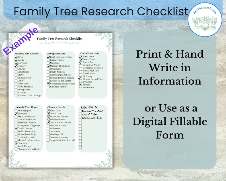 Family Tree Research Checklist | Genealogy Printable Worksheet ...