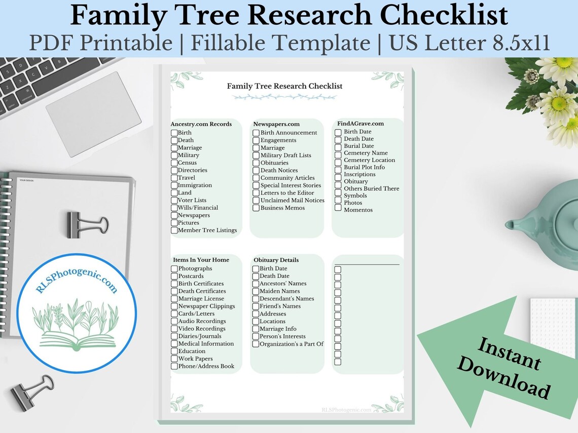 Family Tree Research Checklist Genealogy Printable Worksheet Ancestry ...