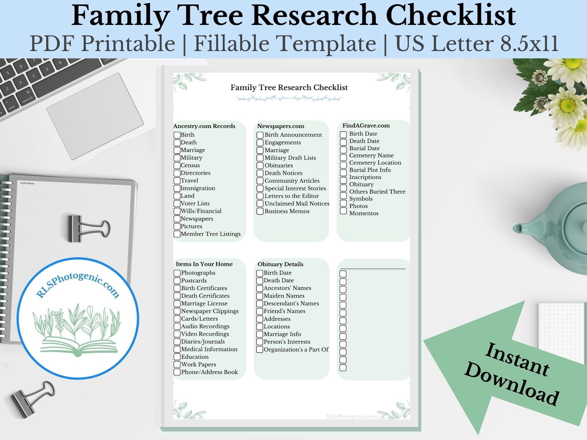 Family Tree Research Checklist Genealogy Printable Worksheet Ancestry ...