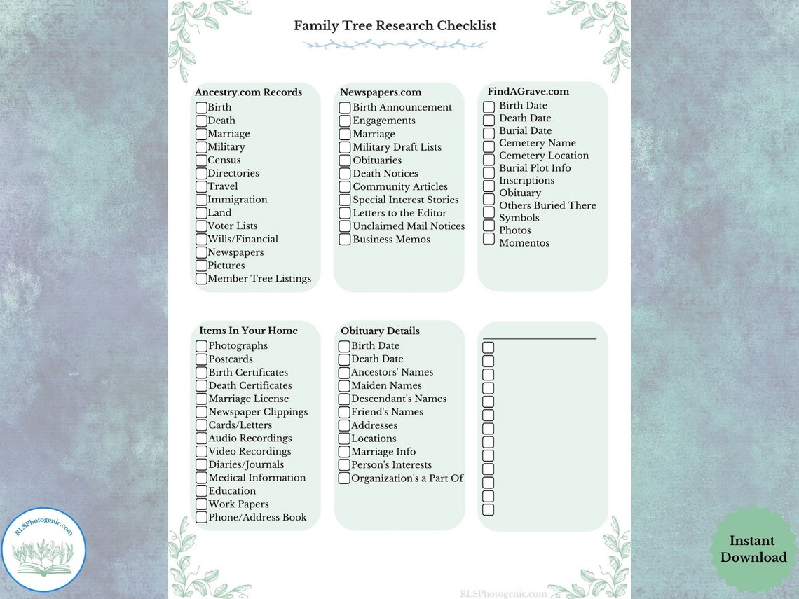 Family Tree Research Checklist Genealogy Printable Worksheet Ancestry ...