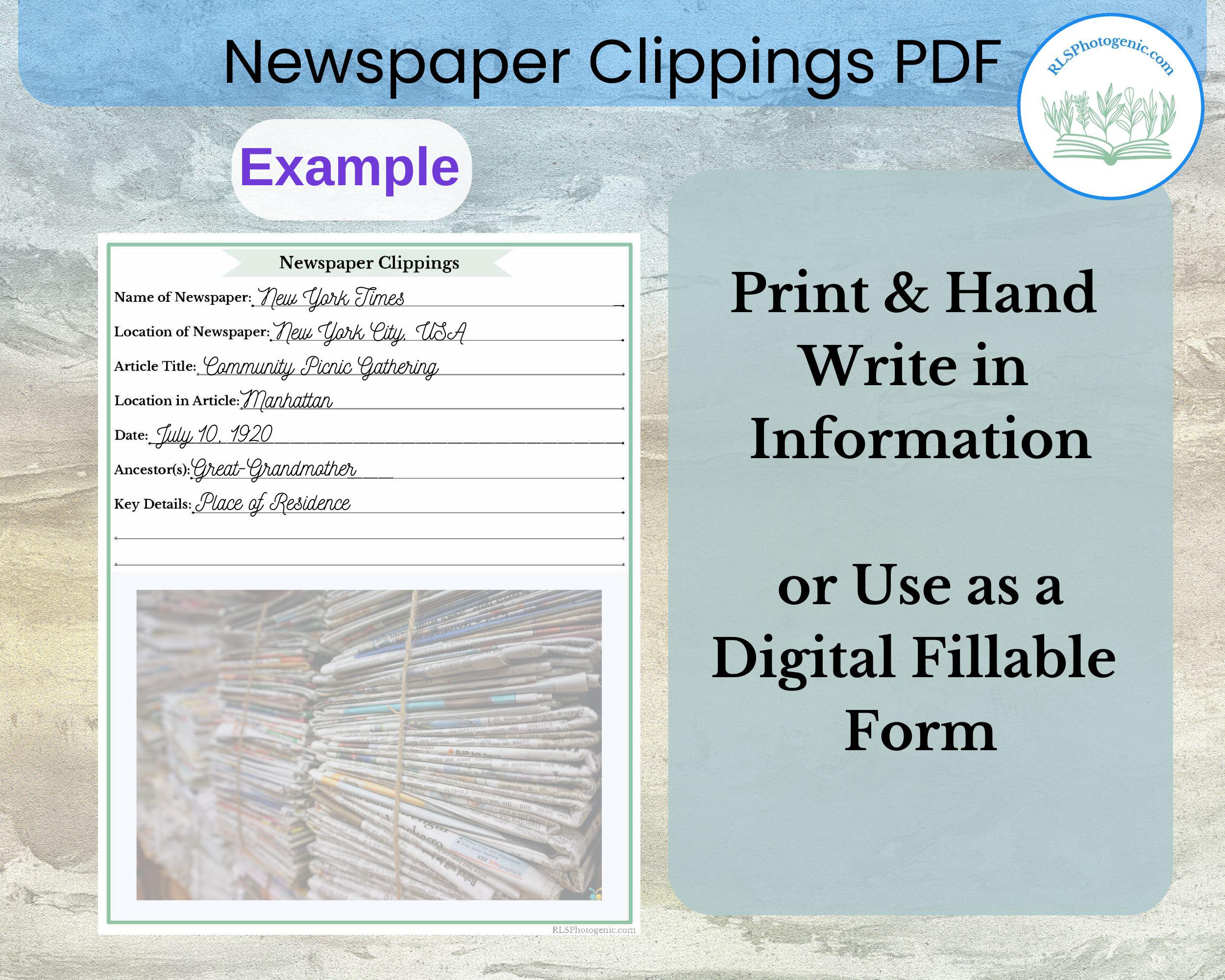 Newspaper Clippings Sheet | Articles Organizer | Fillable Printable ...