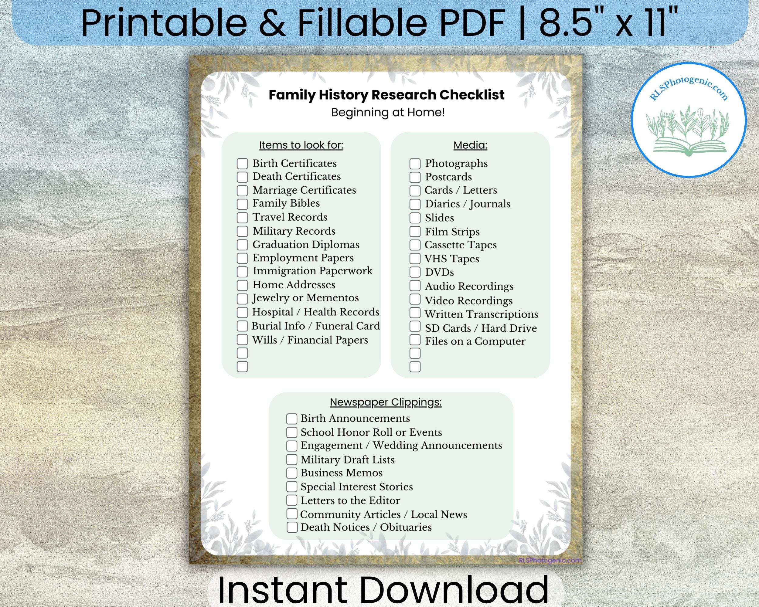 Family Tree Research, Begin at Home Checklist | Printable Genealogy ...