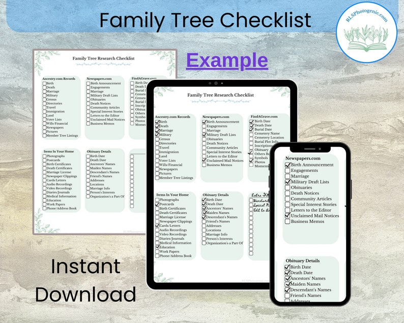 Family Tree Research Checklist | Genealogy Printable Worksheet ...