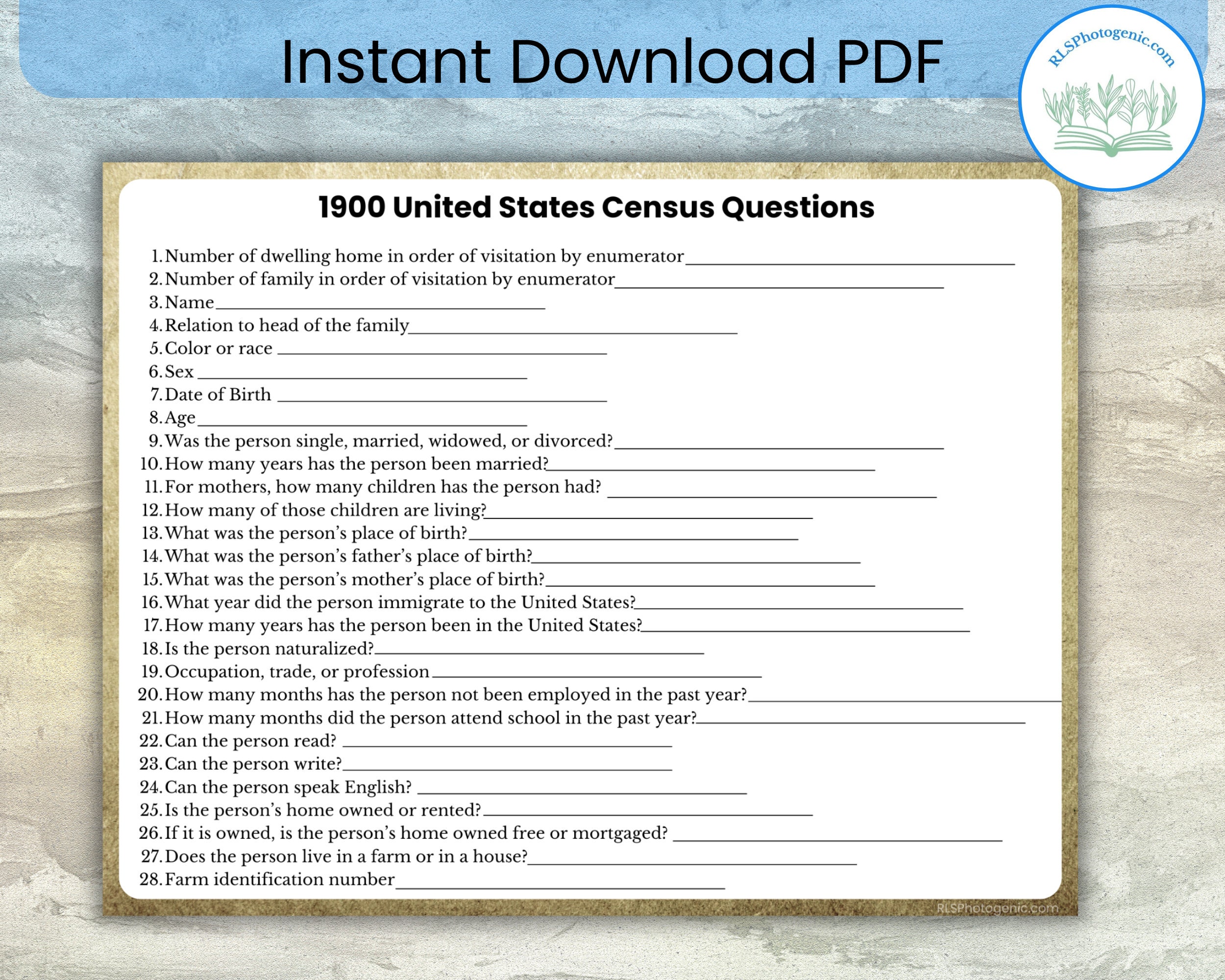 United State Census Questions Printable Fillable Sheets | Years 1900 ...