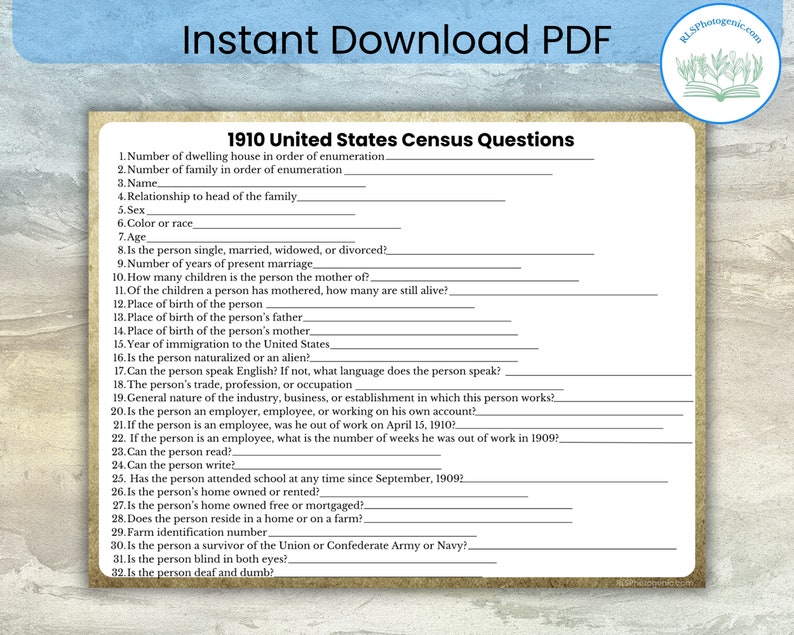 United State Census Questions Printable Fillable Sheets | Years 1900 ...