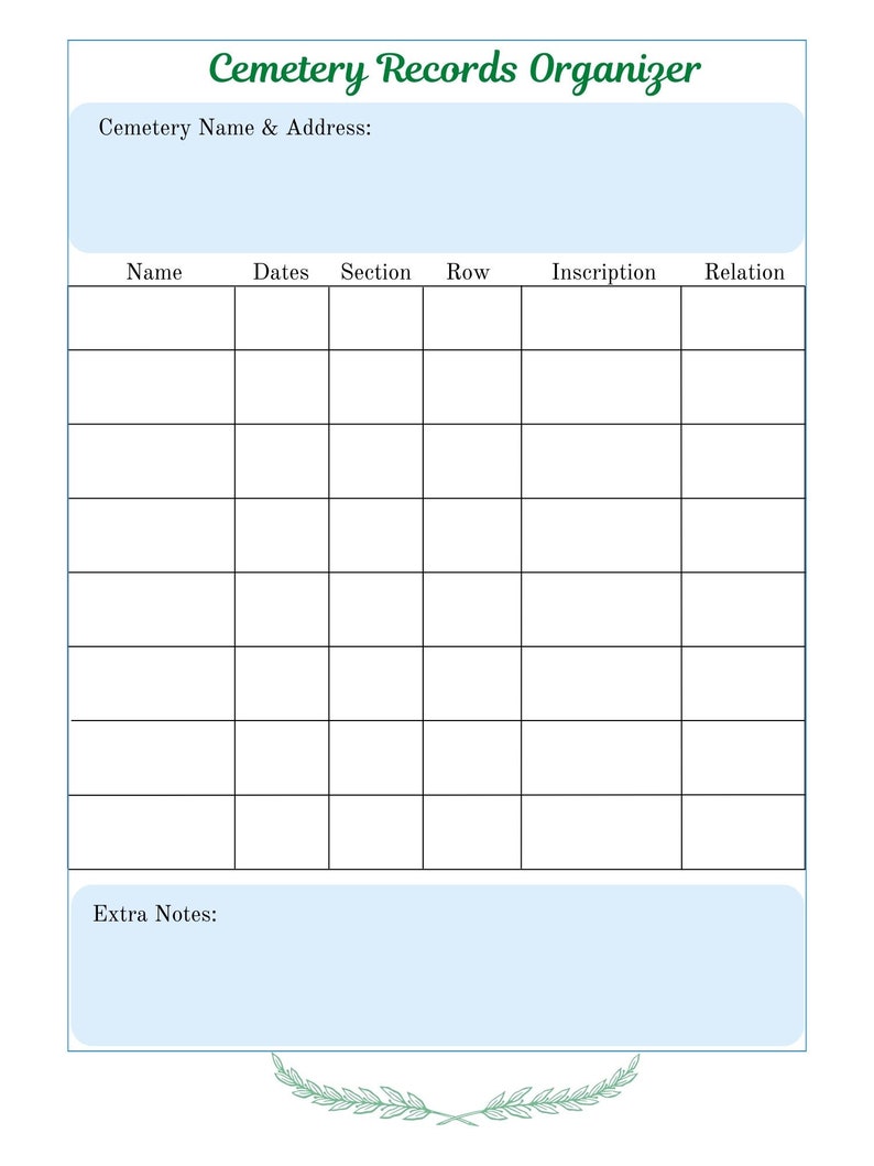 Cemetery Records Organizer Sheet | Printable Fillable | Family Tree ...