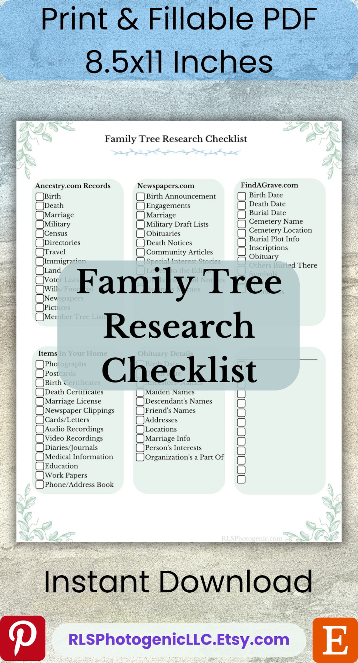 Family Tree Research Checklist Genealogy Printable Worksheet Ancestor ...