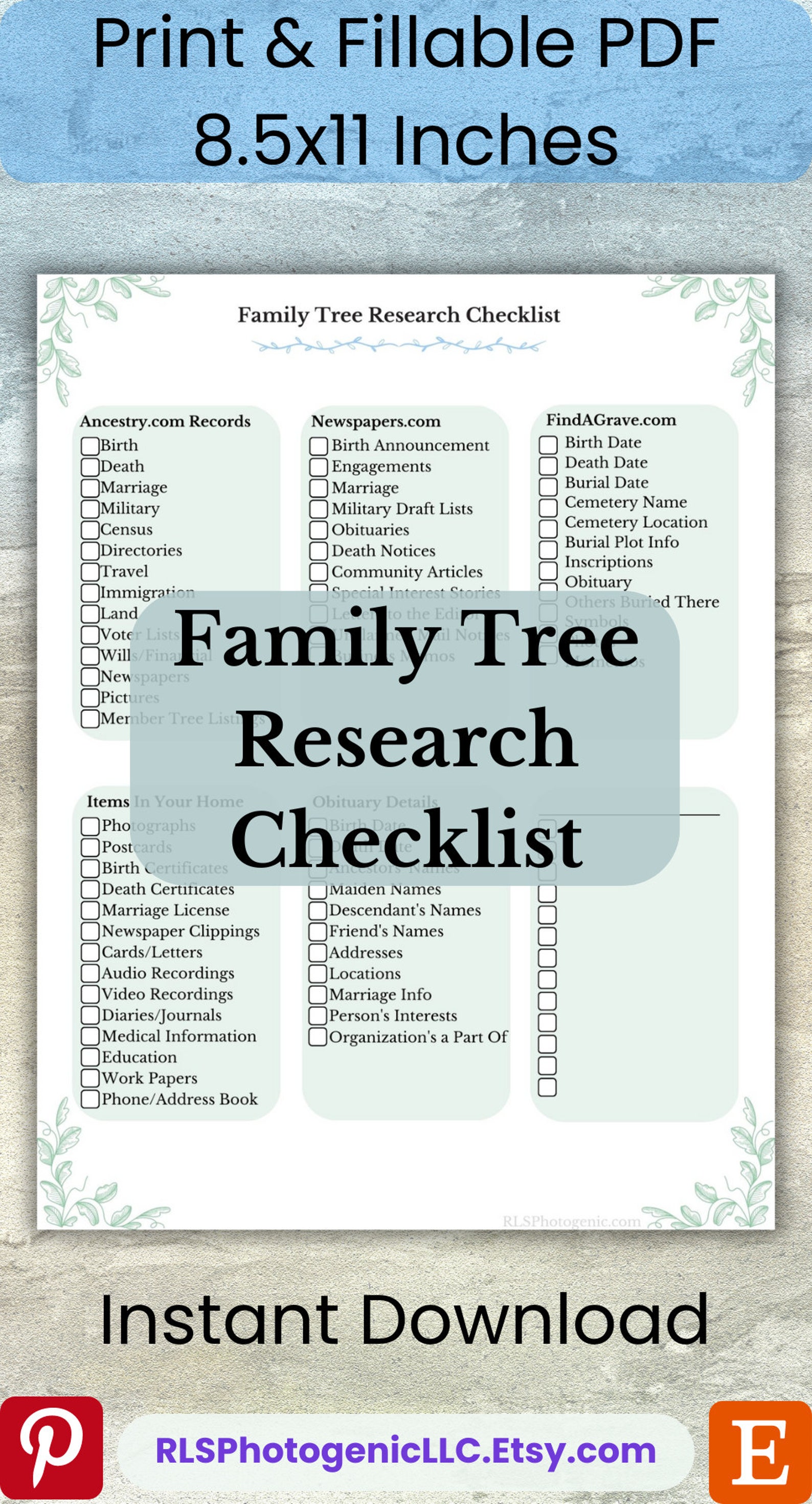 Family Tree Research Checklist Genealogy Printable Worksheet Ancestor ...