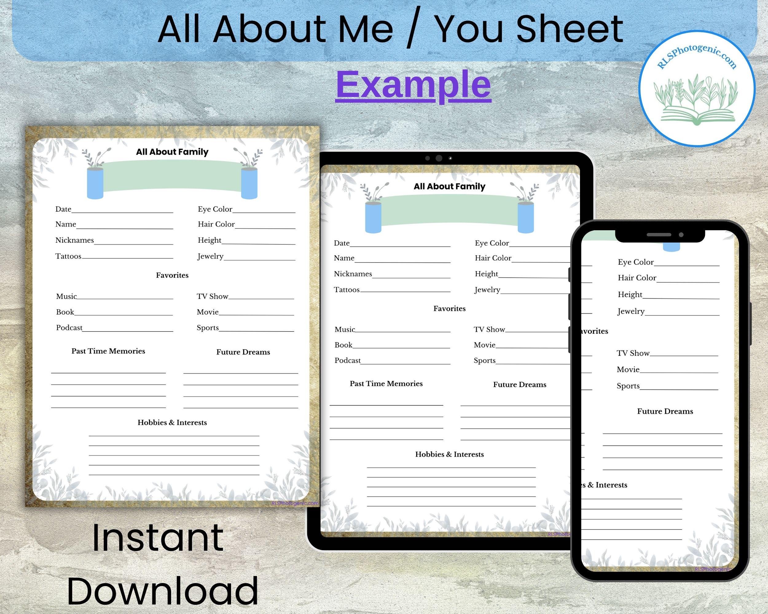 All About Me Printable Worksheet | Conversation Starters Family History ...