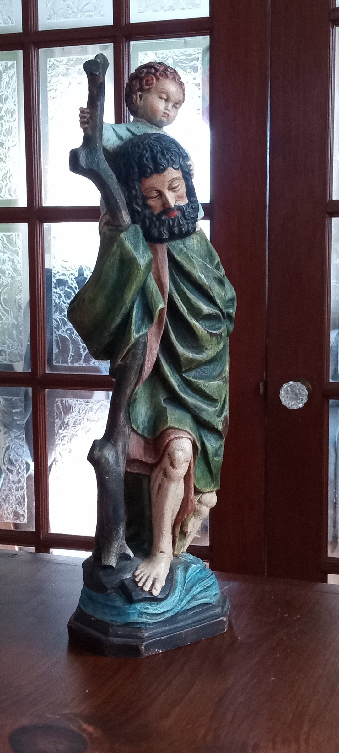 St. Christopher Holding the Christ Child Wooden Statue - Etsy
