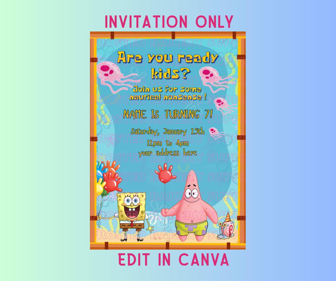 Cartoon Sea Sponge Invitation Canva Template - Etsy