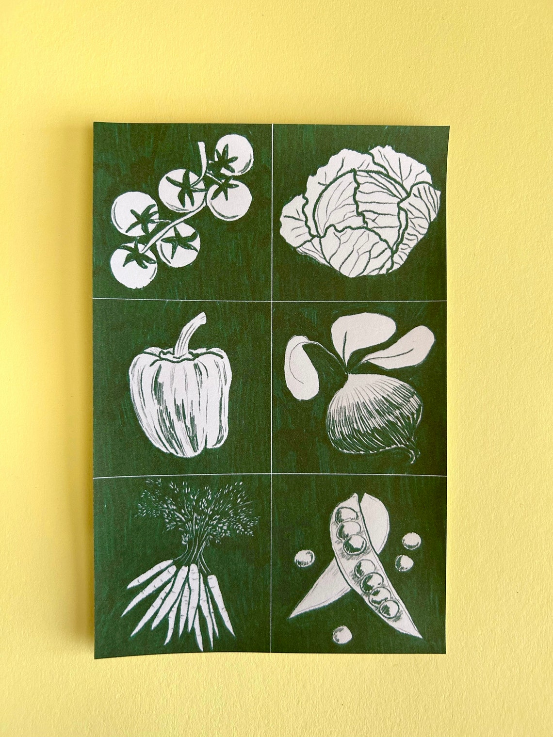Vegetable Illustration Collage Art Print, Green Monocolor Postcard ...
