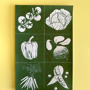 Vegetable Illustration Collage Art Print, Green Monocolor Postcard ...