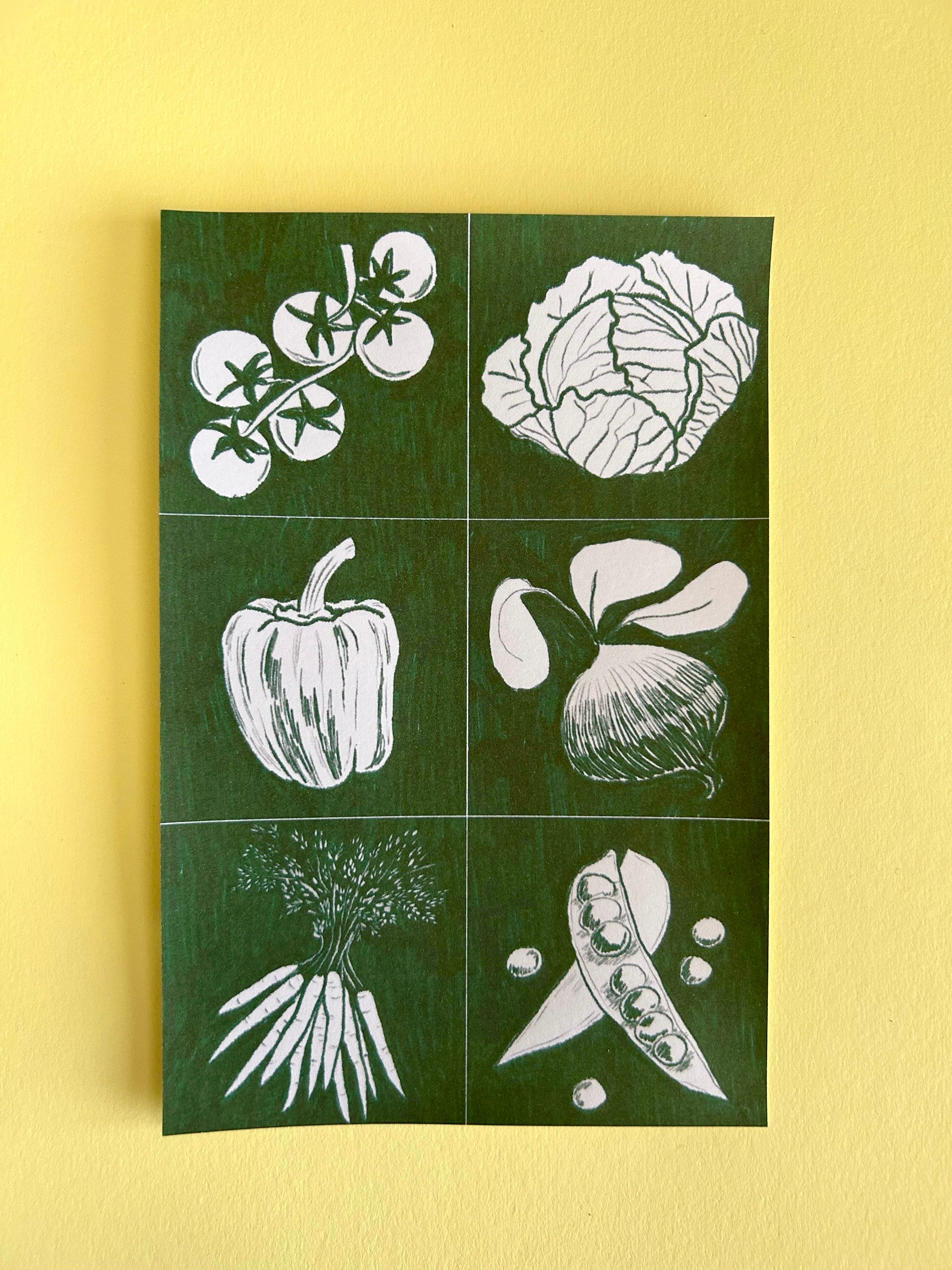 Vegetable Illustration Collage Art Print, Green Monocolor Postcard ...