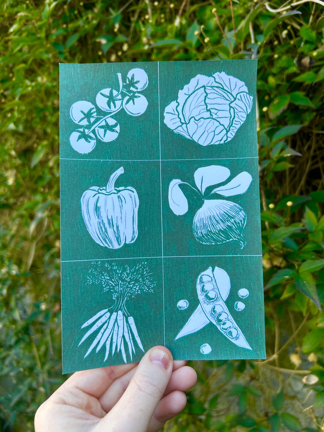 Vegetable Illustration Collage Art Print, Green Monocolor Postcard ...