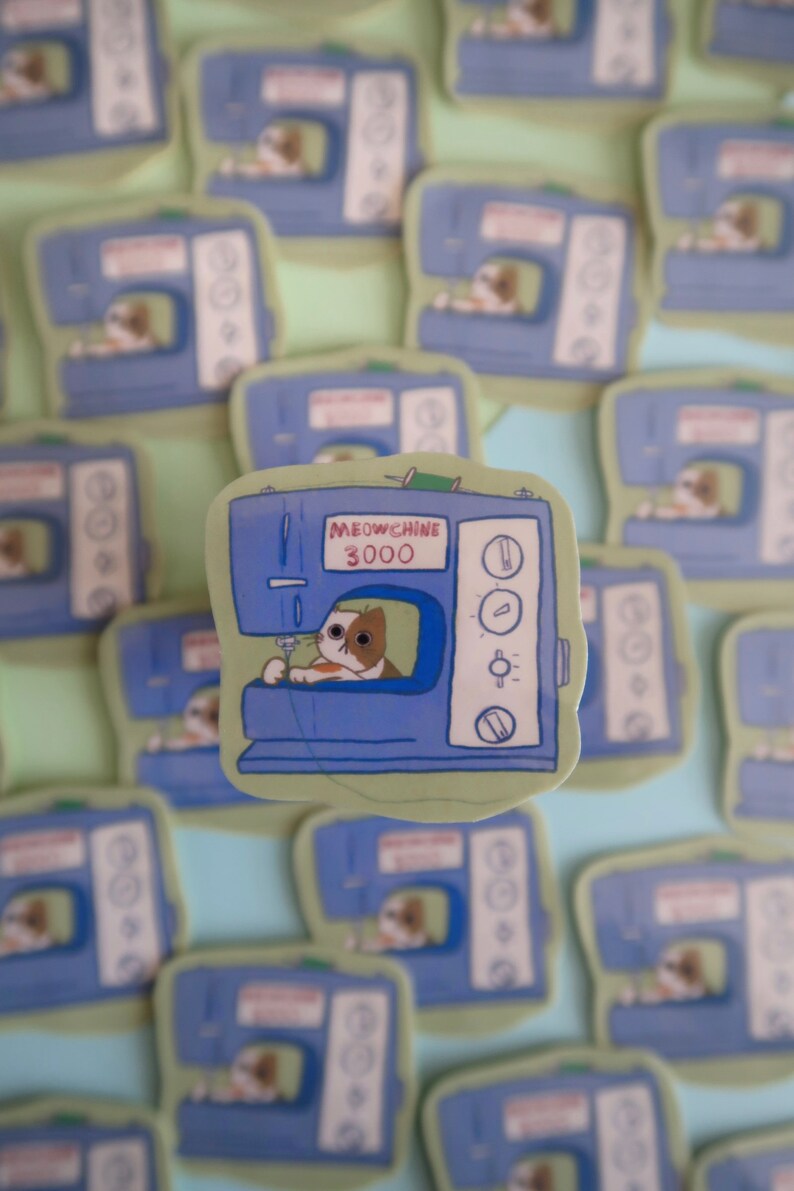 Cat With Sewing Machine Sticker Cute Calico Cat Digital Illustration - Etsy
