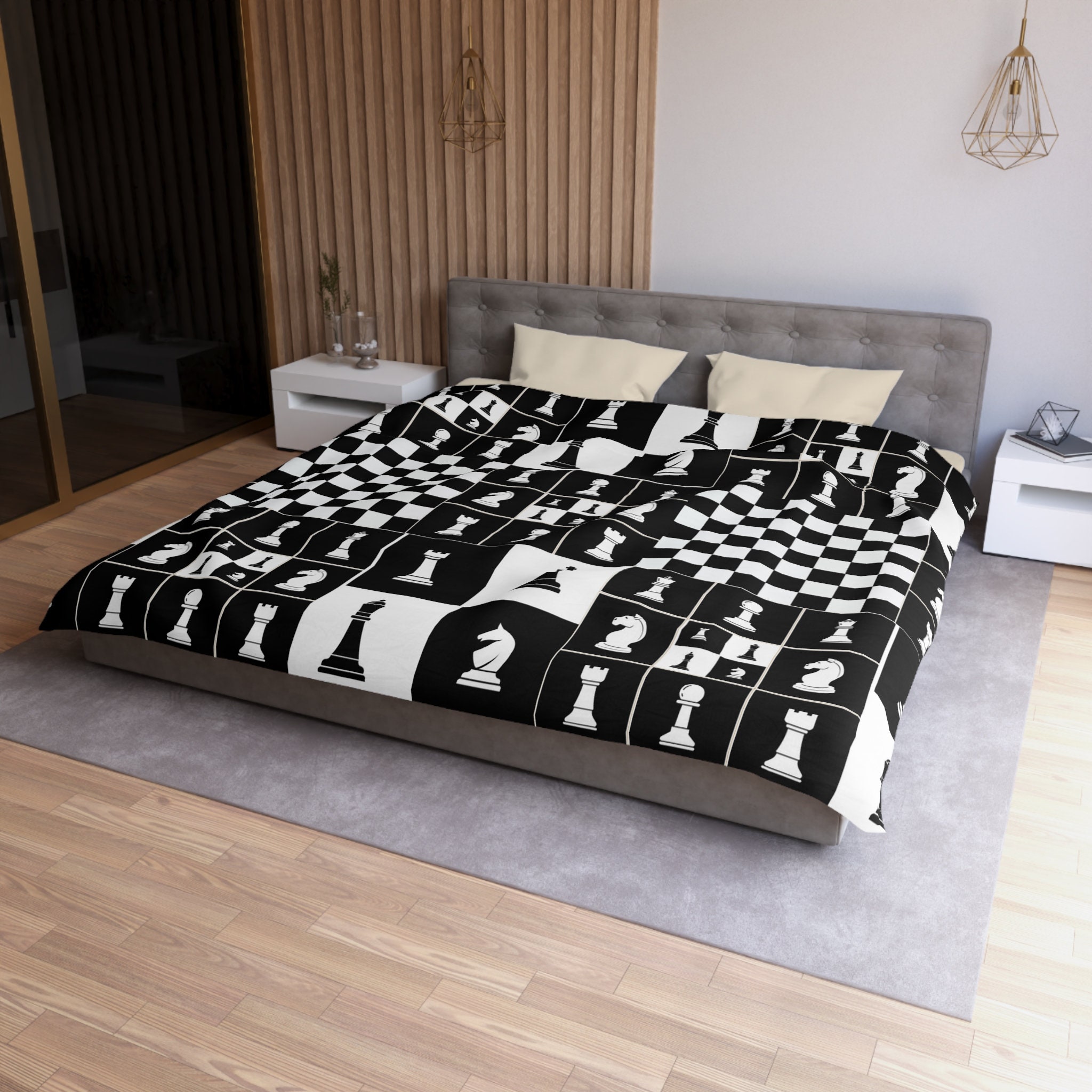 Chess Duvet Cover, King and Queen Size, 100% Polyester, Microfiber Fabric, Chess Board, Chess ...