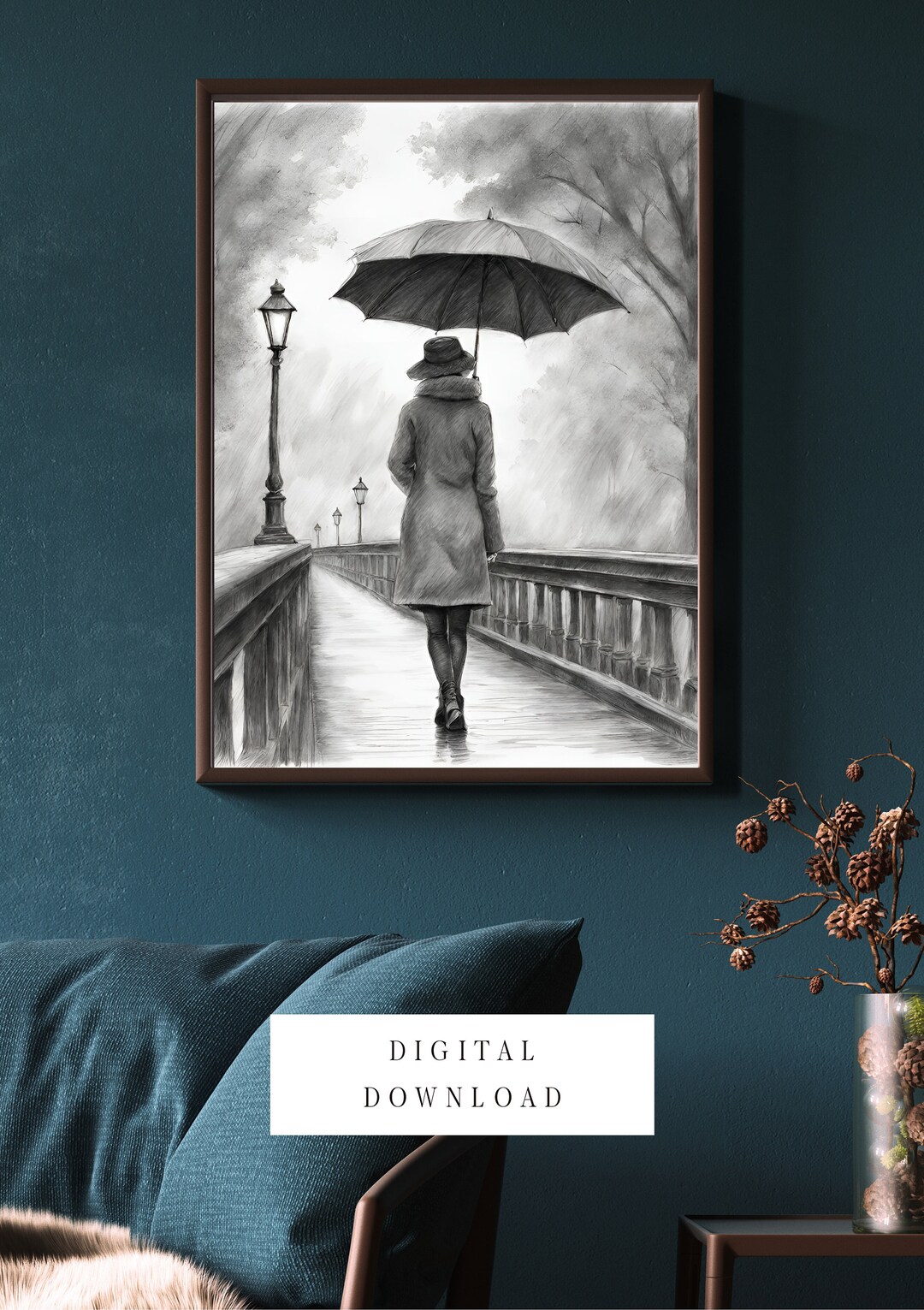 A Romantic Graphite Drawing Series: A Woman on the Bridge! Charcoal ...