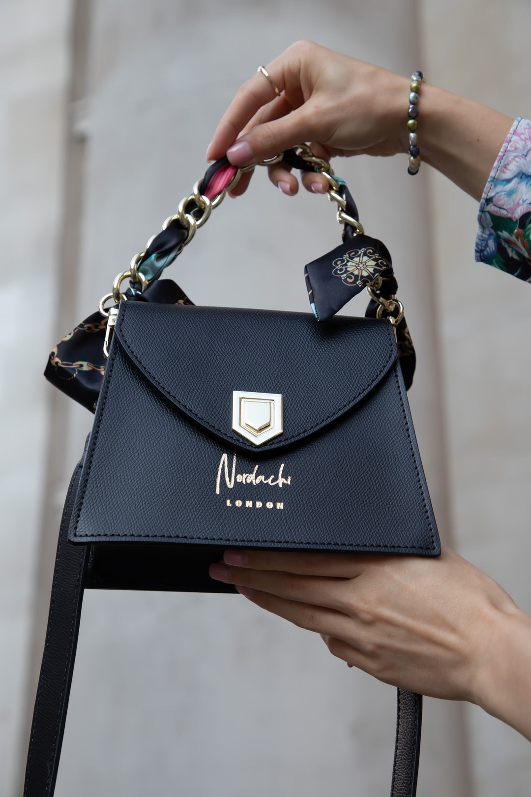 Black Leather Handbag: Gold Chain Handle, Italian Designer Bag - Etsy